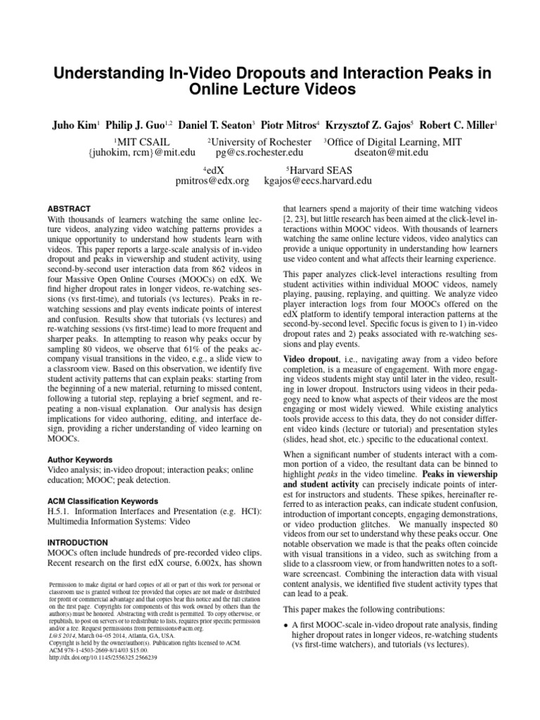 Understanding In-Video Dropouts and Interaction Peaks in Online Lecture Videos | PDF | Massive ...