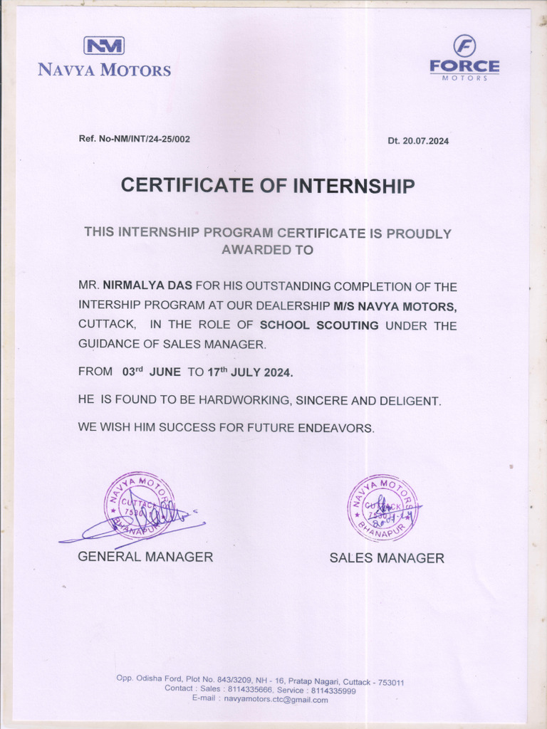 Certificate of Internship Nirmalya Das | PDF