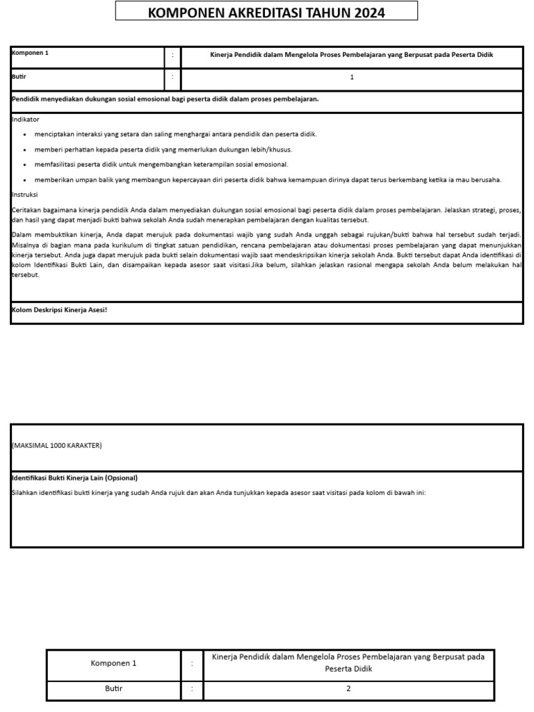 KOMPONEN BUTIR AKREDITASI TAHUN 2024 | PDF