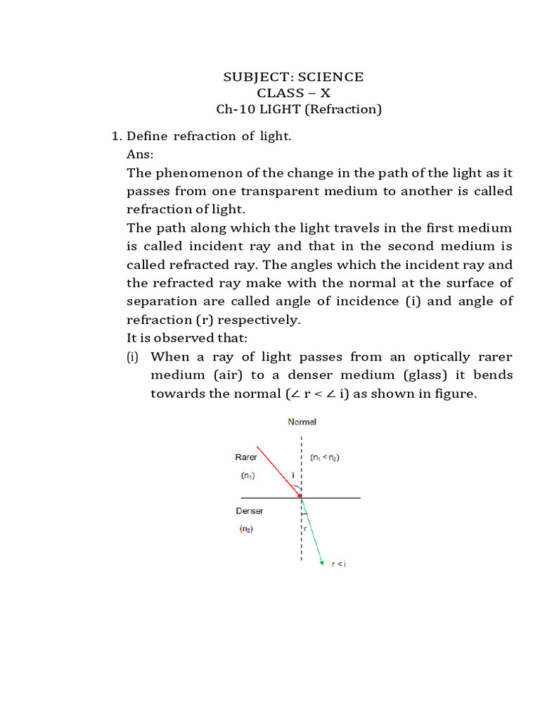 Refraction of Light: Class X Science | PDF | Refraction | Speed Of Light