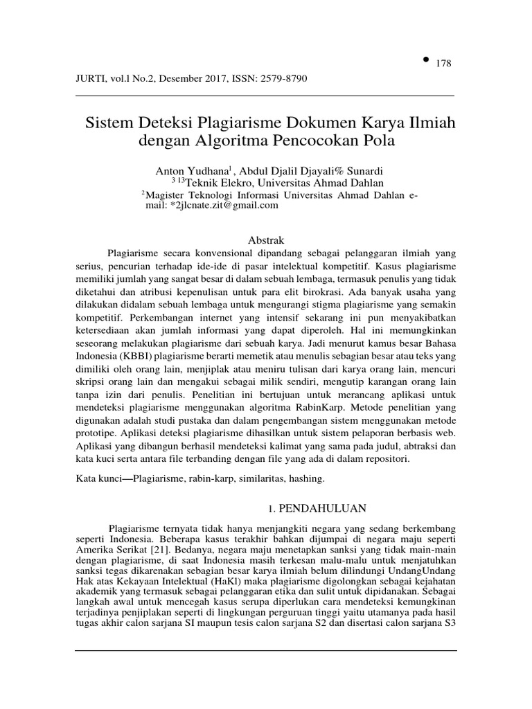 Sistem Deteksi Plagiarisme Dokumen Karya Ilmiah Dengan Algoritma Pencocokan Pola | PDF ...