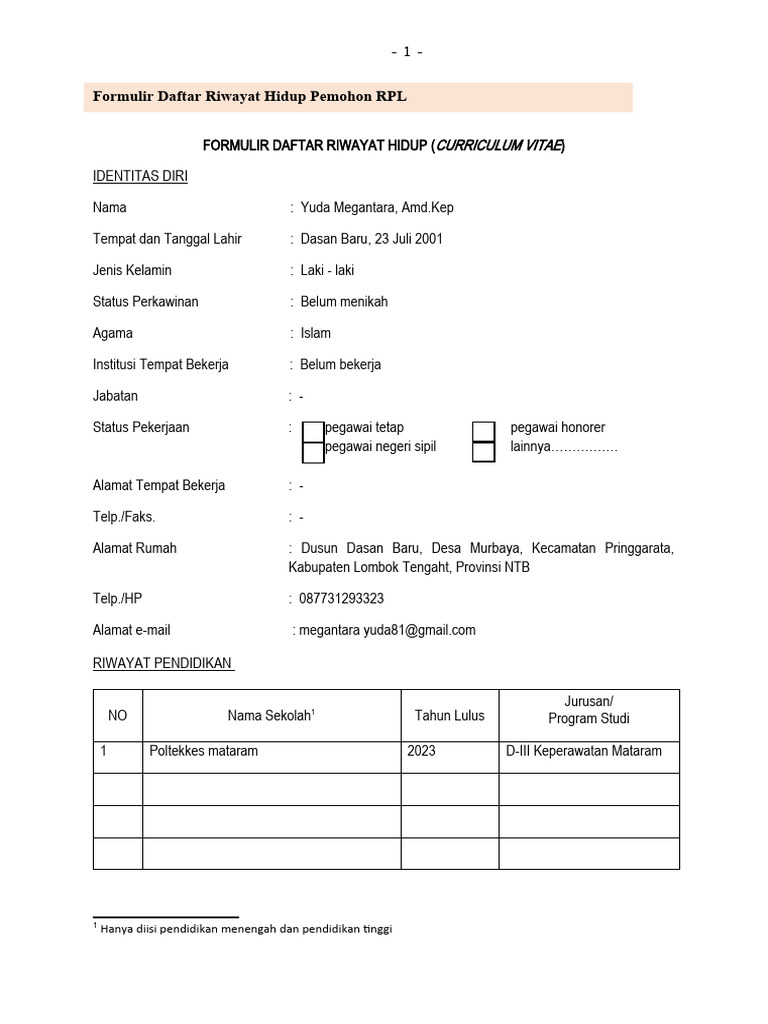 Yuda 4.formulir Isian Daftar Riwayat Hidup RPL | PDF