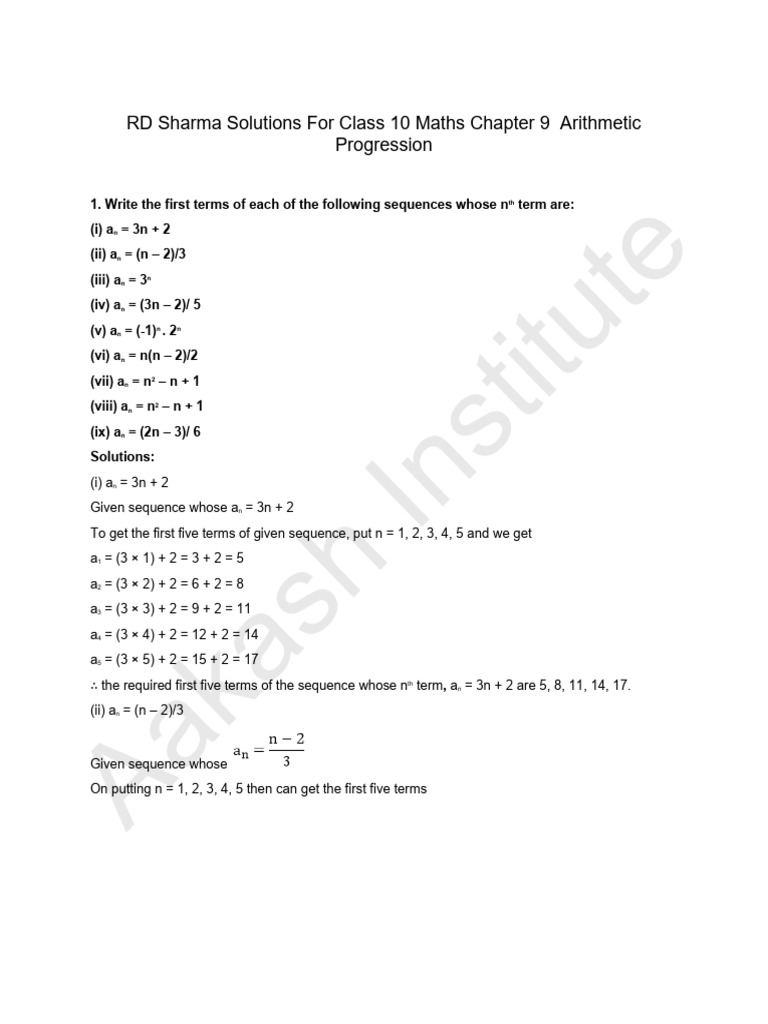 RD Sharma Solutions For Class 10 Maths Chapter 9 Arithmetic Progression | PDF | Mathematics