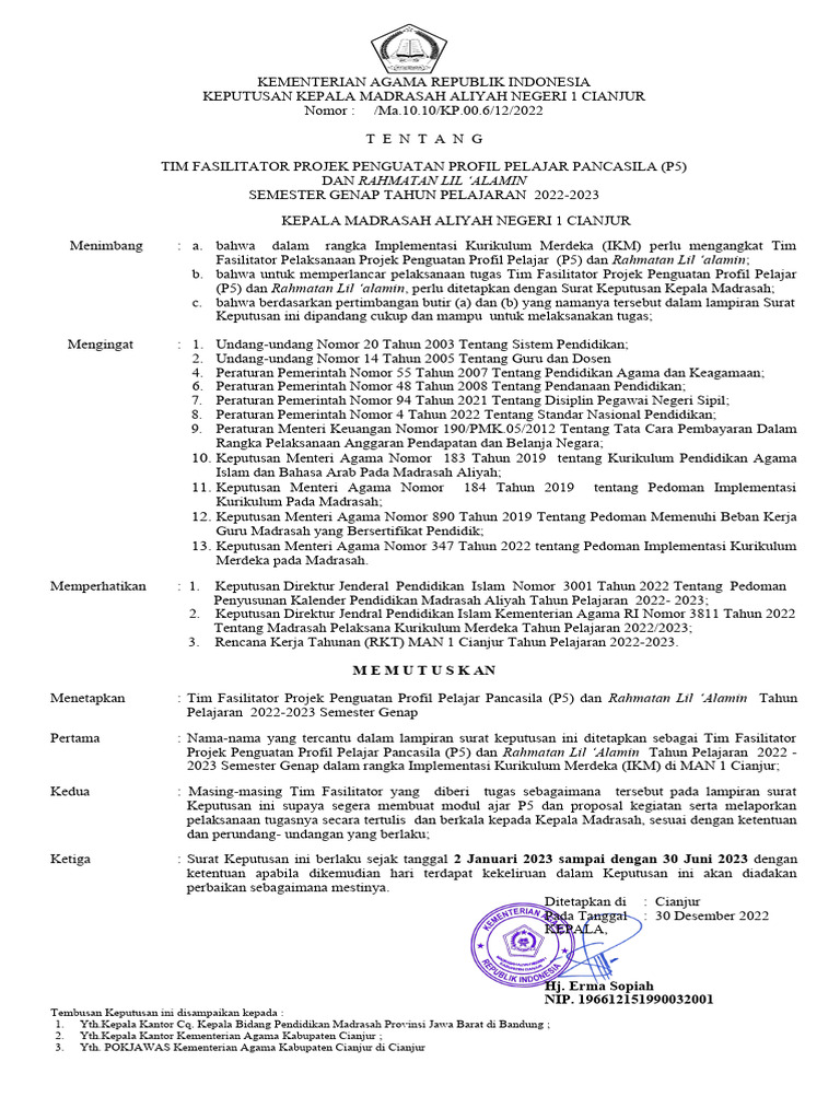 SK Tim Fasilitator P5 Tahun 2023 | PDF