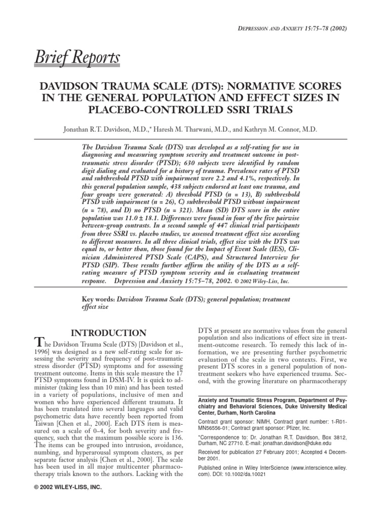 Davidson Trauma Scale DTS Normative Scores in The | PDF | Psychological ...
