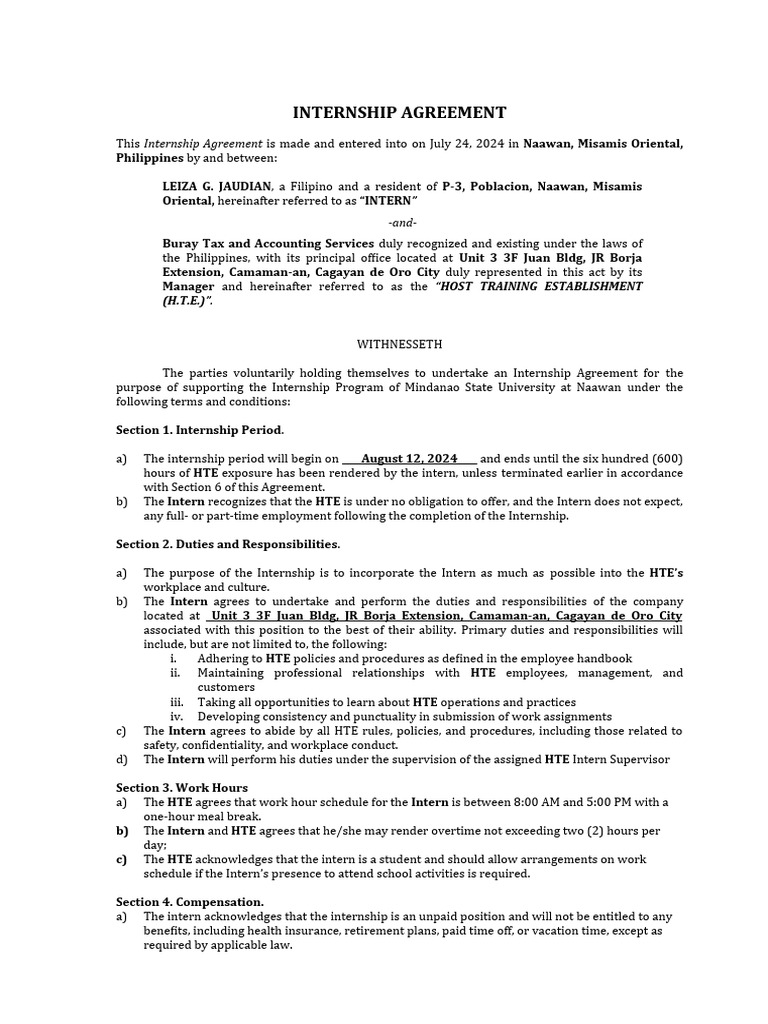 Internship Contract or Agreement | PDF | Internship | Job Hunting