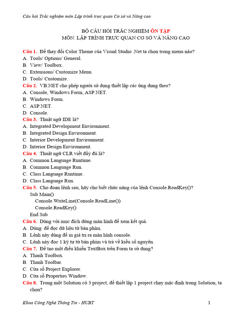 200 cau hoi trac nghiem ON TAP VB.NET (cho sv) | PDF