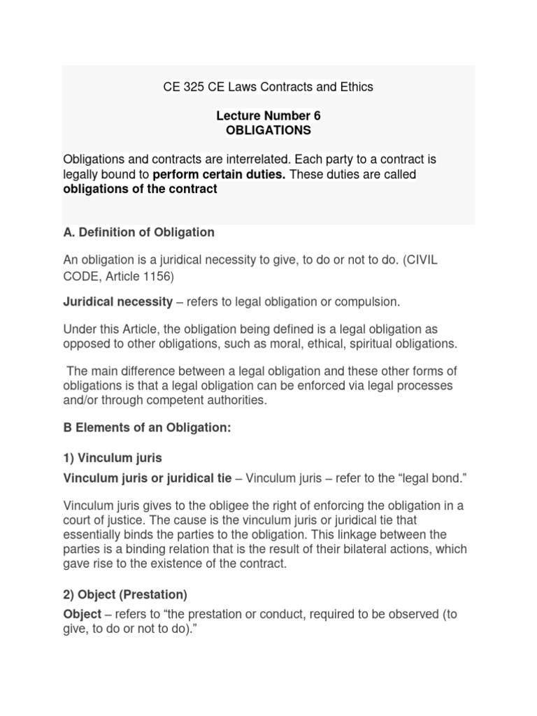 CE Law Lecture 6 Obligations | PDF | Law Of Obligations | Lease