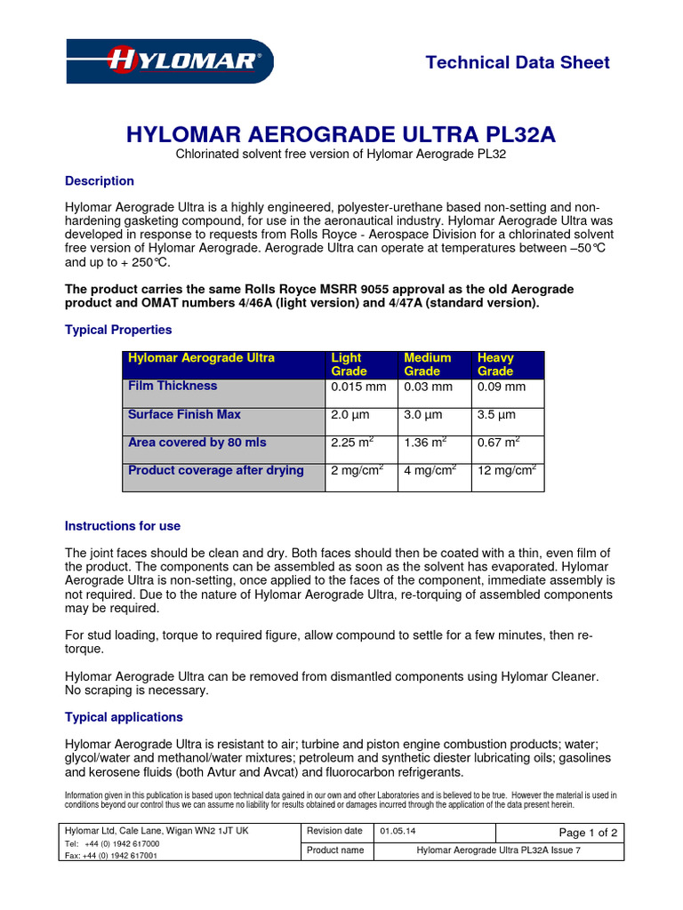 Hylomar Aerograde Ultra PL32A Data Sheet | PDF | Jet Fuel | Materials