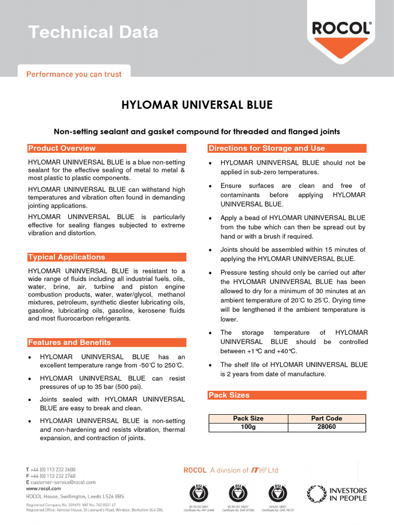 Hylomar Universal Blue Sealant Guide | PDF | Materials | Chemical Substances