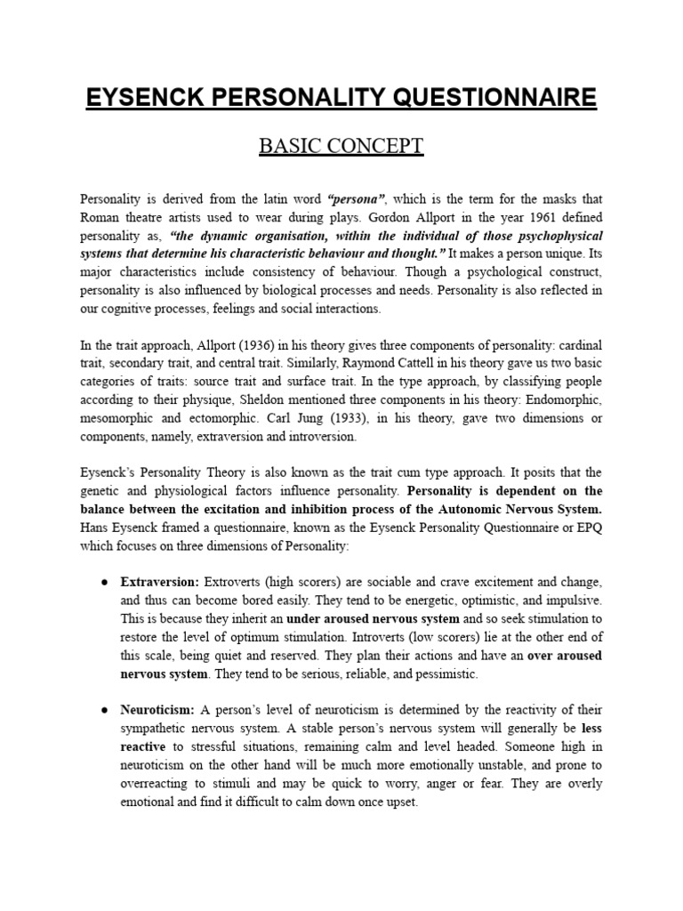 EPQ Basic Concept For Exam | PDF | Extraversion And Introversion | Personality Psychology