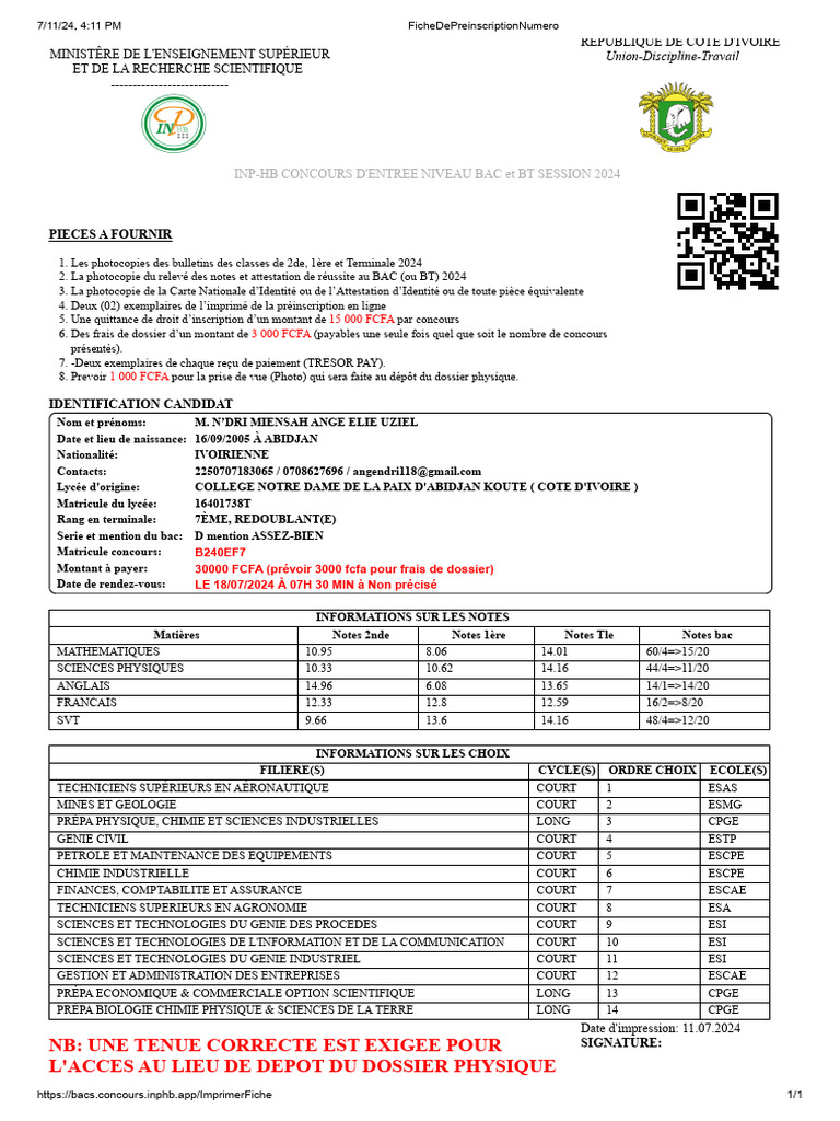 FicheDePreinscription INPHB Ange Elie | PDF