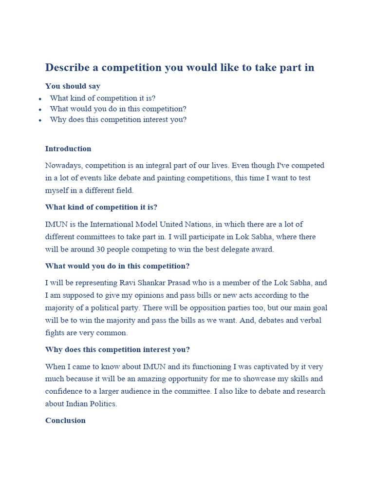 Describe A Competition You Would Like To Take Part in | PDF