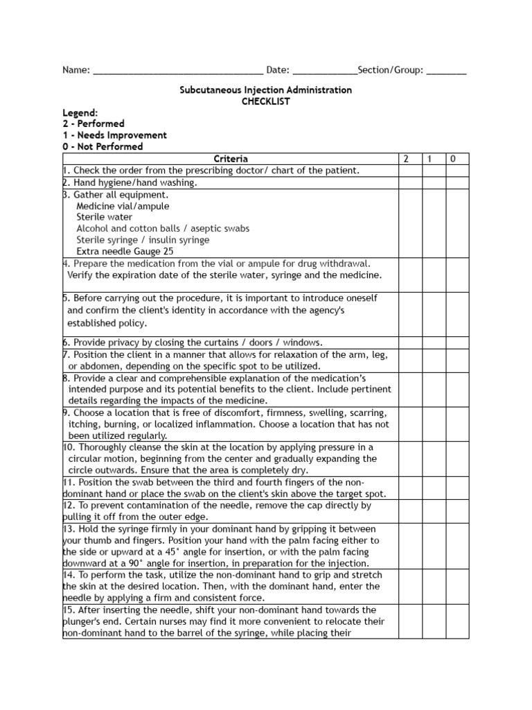 Subcutaneous Injection Administration Checklist | PDF | Injection ...