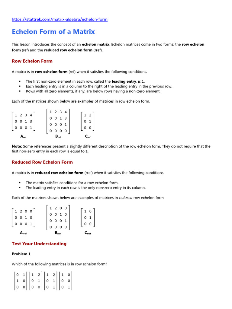 Echelon Form of A Matrix | PDF | Matrix (Mathematics) | Mathematical ...