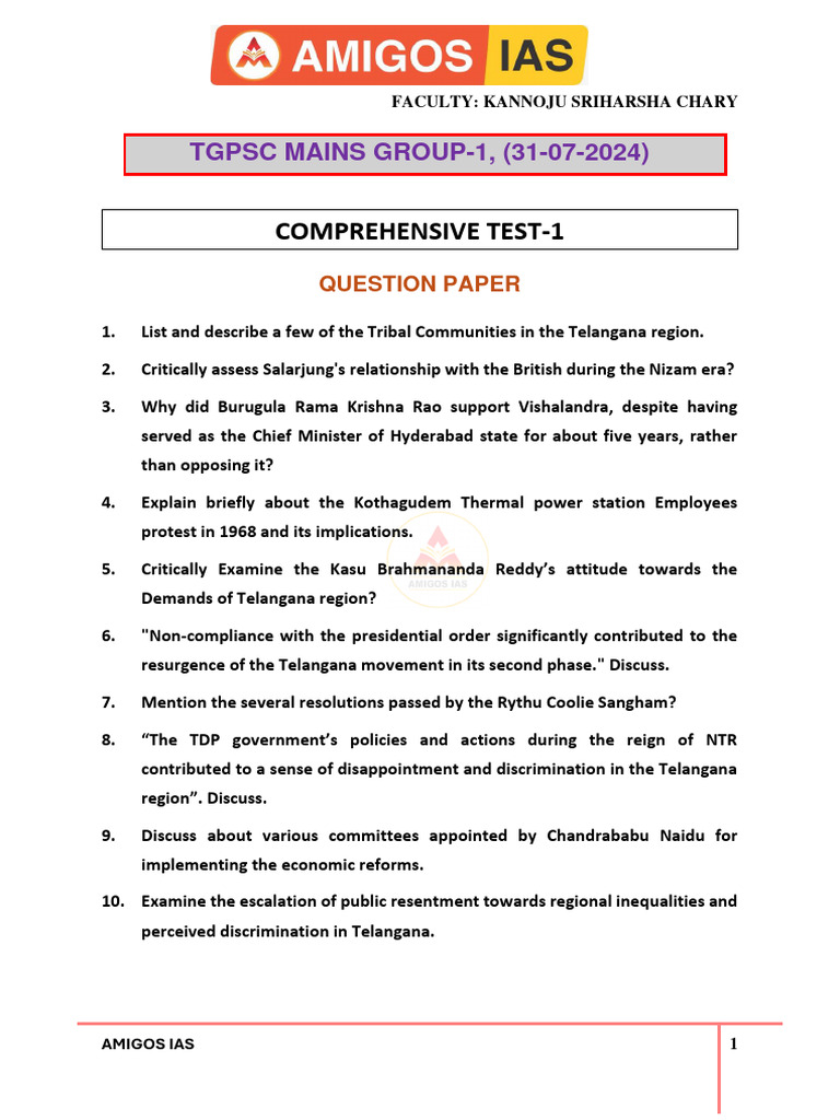 TGPSC Mains Daily Test Paper-6 - CT-1 (31-07-2024) Que Sol em | PDF ...
