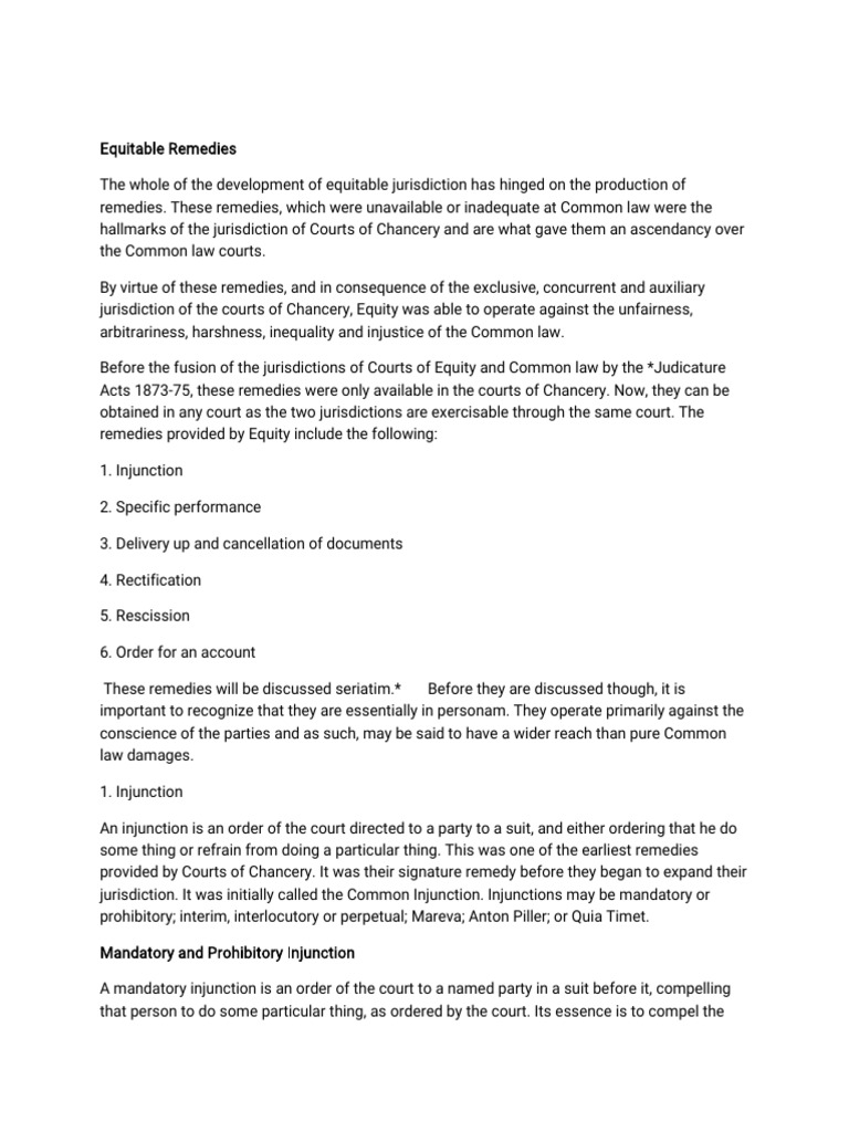Equitable Remedies | PDF | Injunction | Specific Performance