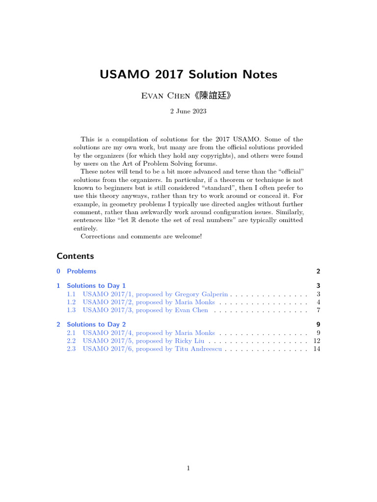 USAMO 2017 Solutions by Evan Chen | PDF | Permutation | Mathematics