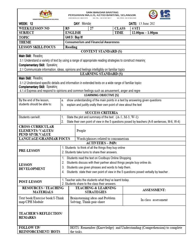 RPH Week12 English F4 F5 | PDF | Reading Comprehension | Cognitive Science