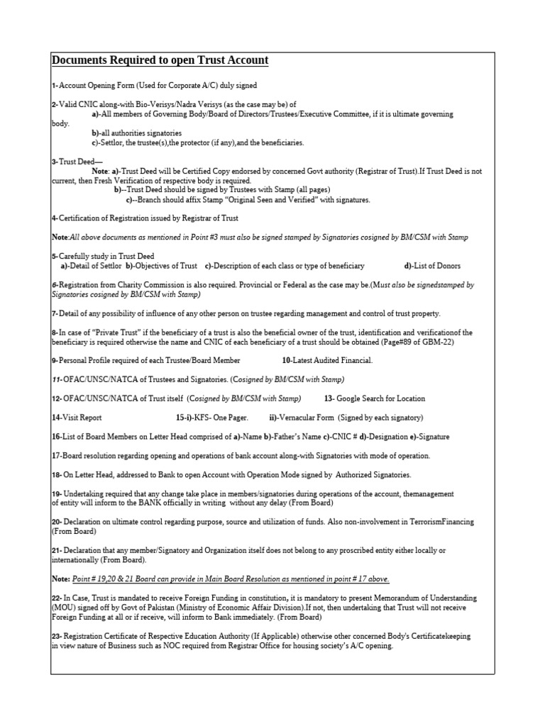 Trust Account Opening Document Checklist | PDF | Non Governmental ...