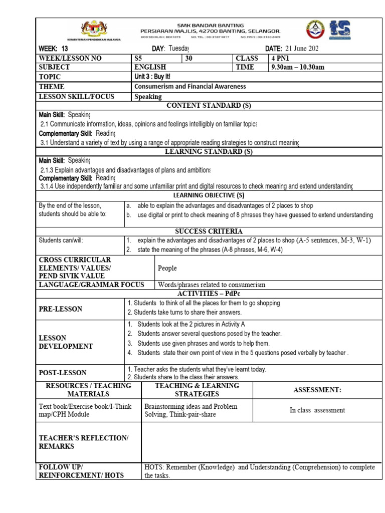 RPH Week13 English F4 F5 | PDF | Reading Comprehension | Learning