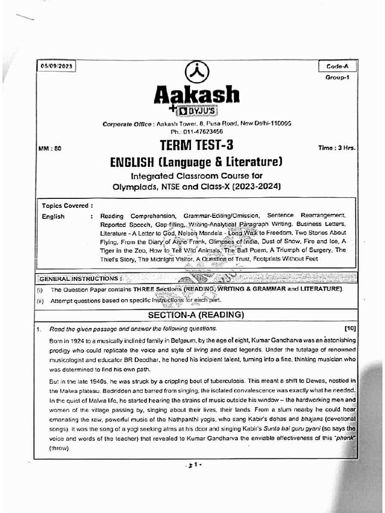 Term Test English (Aakash) Class 10 | PDF