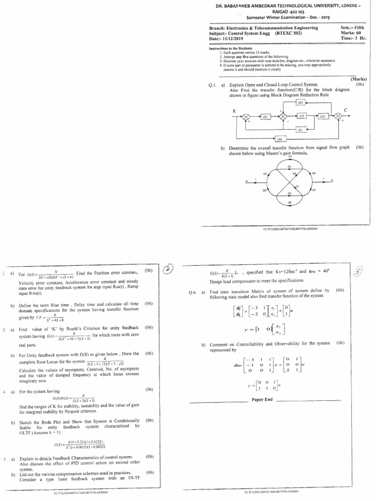 Btech Ect 5 Sem Control System Engg Btexc502 Dec 2019 | PDF