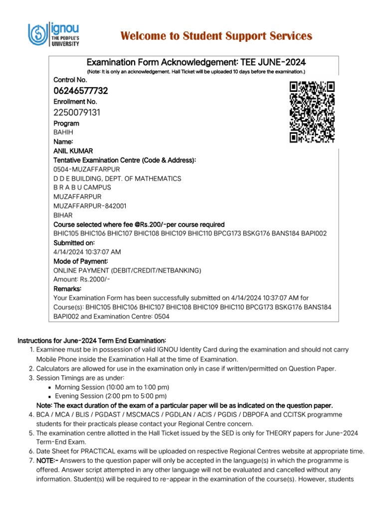 IGNOU - Examination Form Acknowledgement | PDF | Banking Technology ...