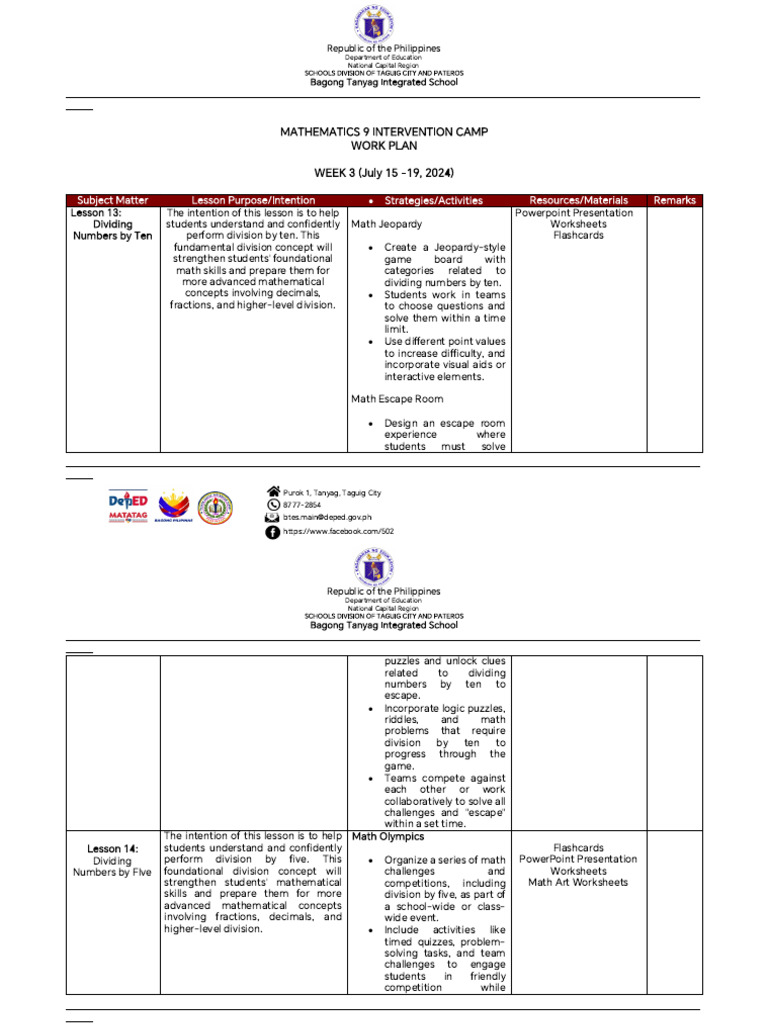 Workplan Math 9 Intervention Datay Week3 | PDF | Mathematics | Learning