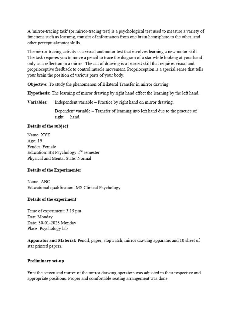Mirror Tracing and Bilateral Transfer | PDF | Learning | Neuroscience