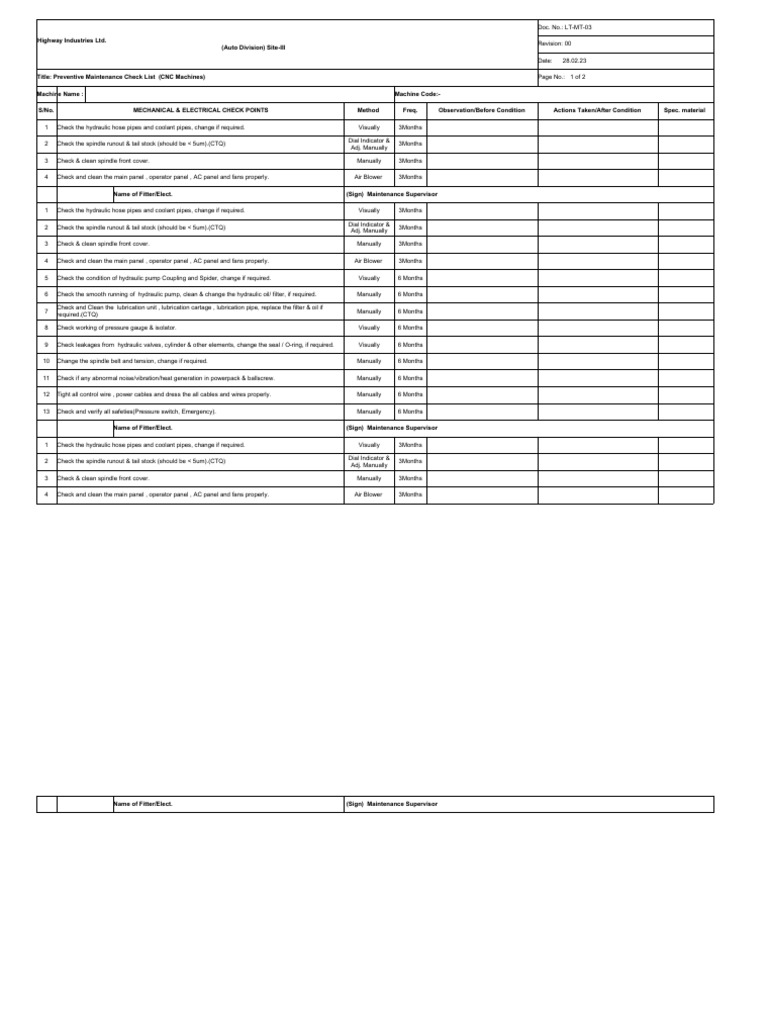 CNC Machine Preventive Maintenance Checklist | PDF | Tools | Mechanical ...