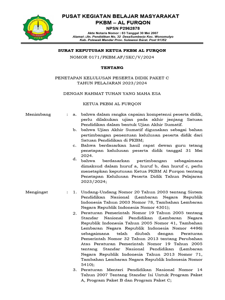 SK Kelulusan Siswa Paket C PKBM Tahun 2023 | PDF