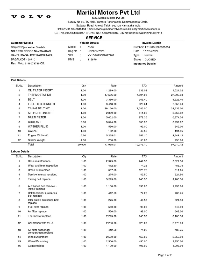 Volvo XC60 Service Estimate Details | PDF | Automotive Technologies ...
