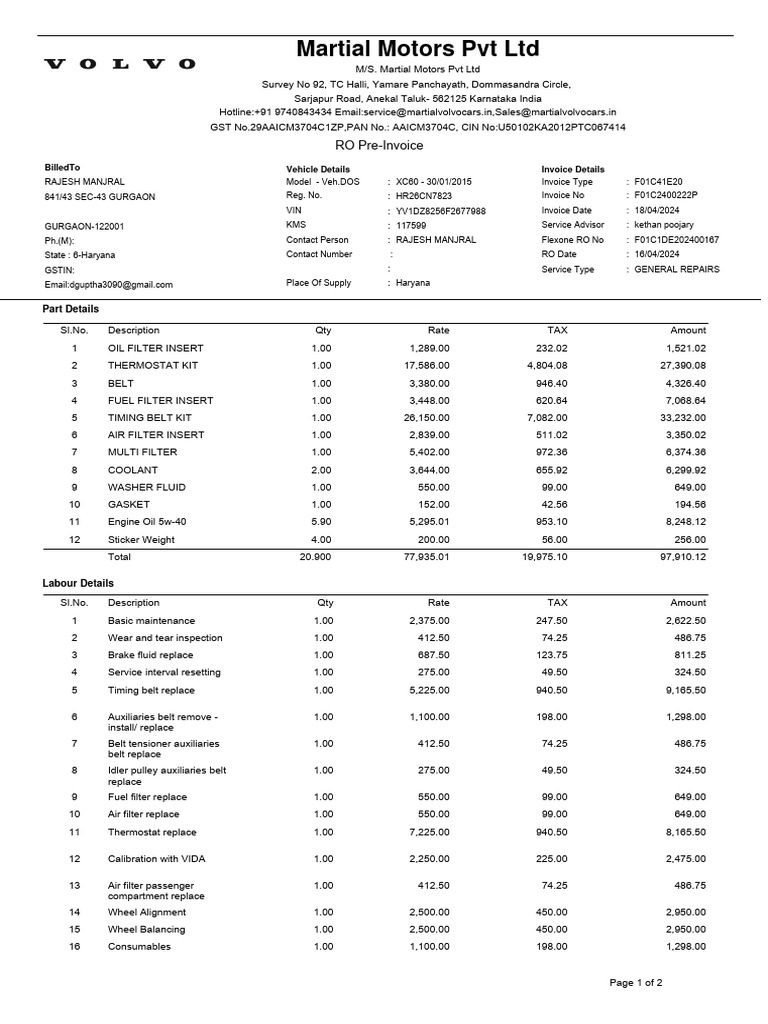 Flexone Volvo Service Invoice Summary | PDF | Belt (Mechanical) | Land ...