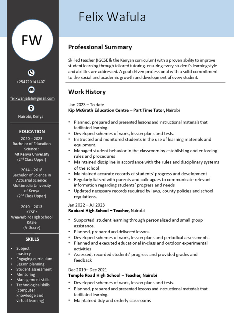 Felix Wafula Resume Draft | PDF | Teachers | Lesson Plan