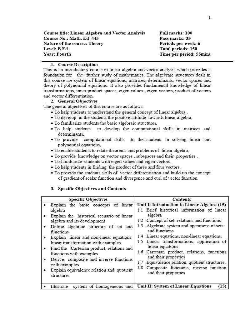 Math. Ed. 445 Linear Algebra and Vector Analysis | PDF | Vector Space ...