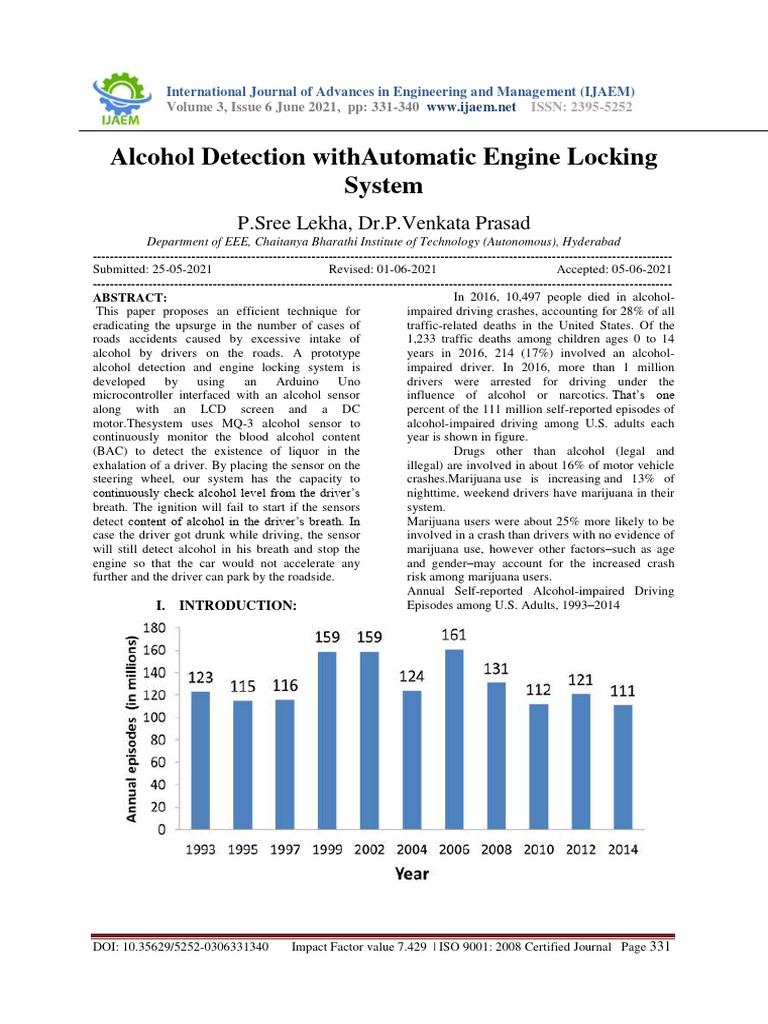 Alcohol Detection Withautomatic Engine Locking System Pdf Driving Under The Influence Arduino