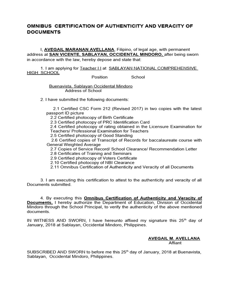 Omnibus Certification for Teacher Applicants | PDF | Identity Document ...