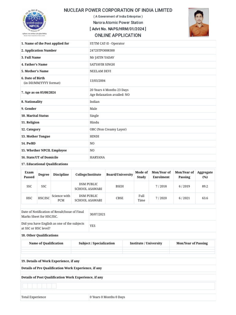 NPCIL Recruitment Portal - Print Application Form | PDF
