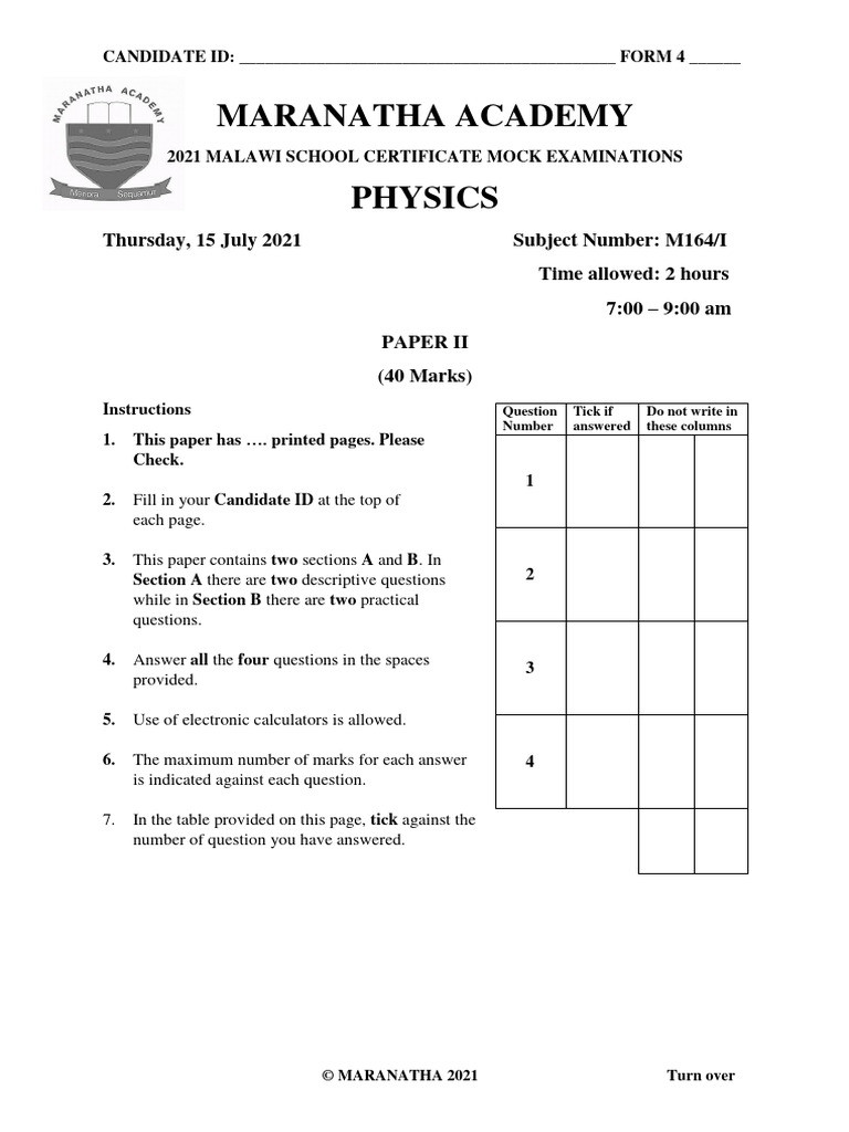 2021 MARANATHA ACADEMY MSCE PHYSICS 2 MOCK EXAMINATIONS Final | PDF ...