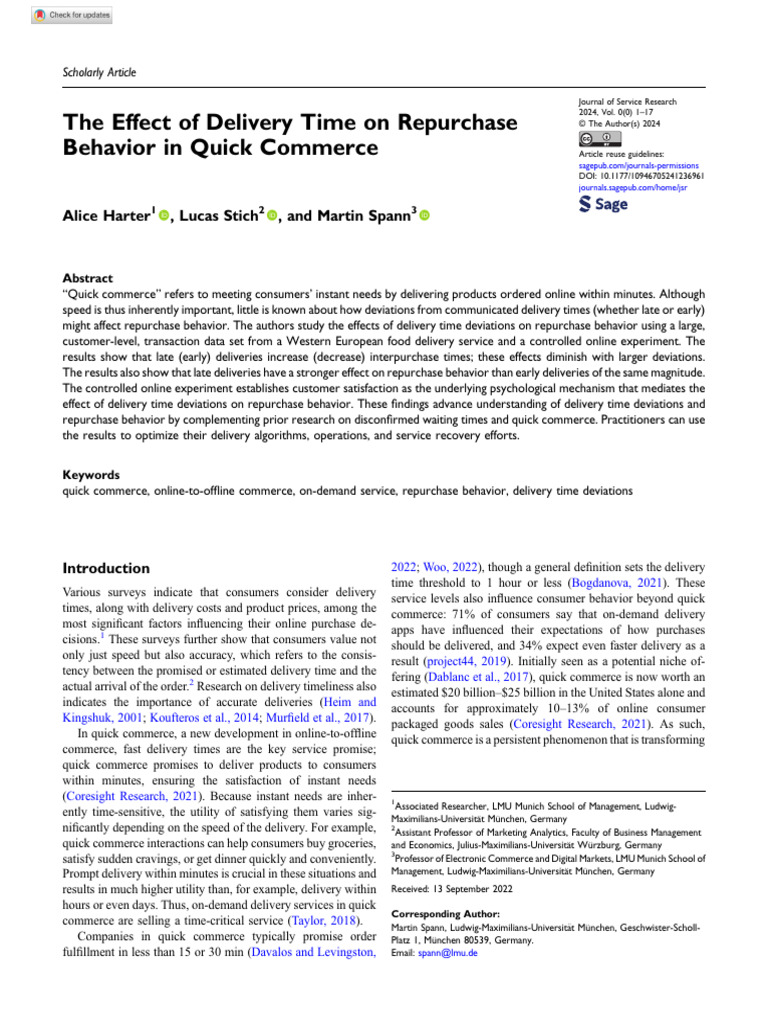 Harter Et Al 2024 The Effect of Delivery Time On Repurchase Behavior in ...