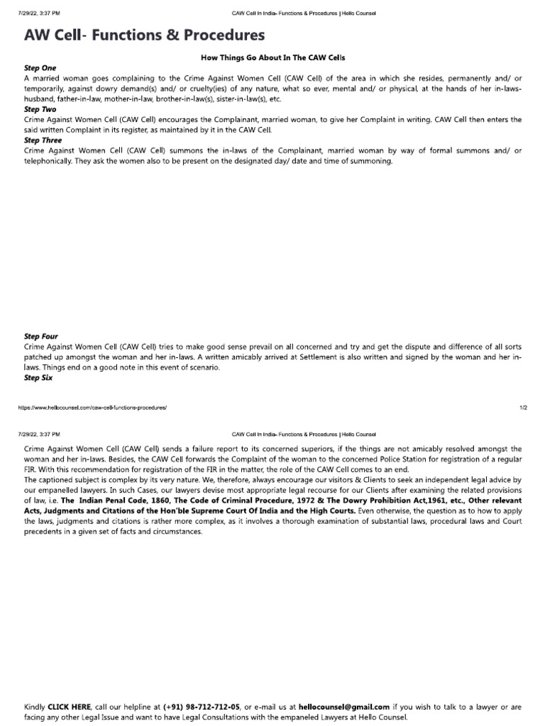 CAW Cell in India - Functions & Procedures - Hello Counsel | PDF
