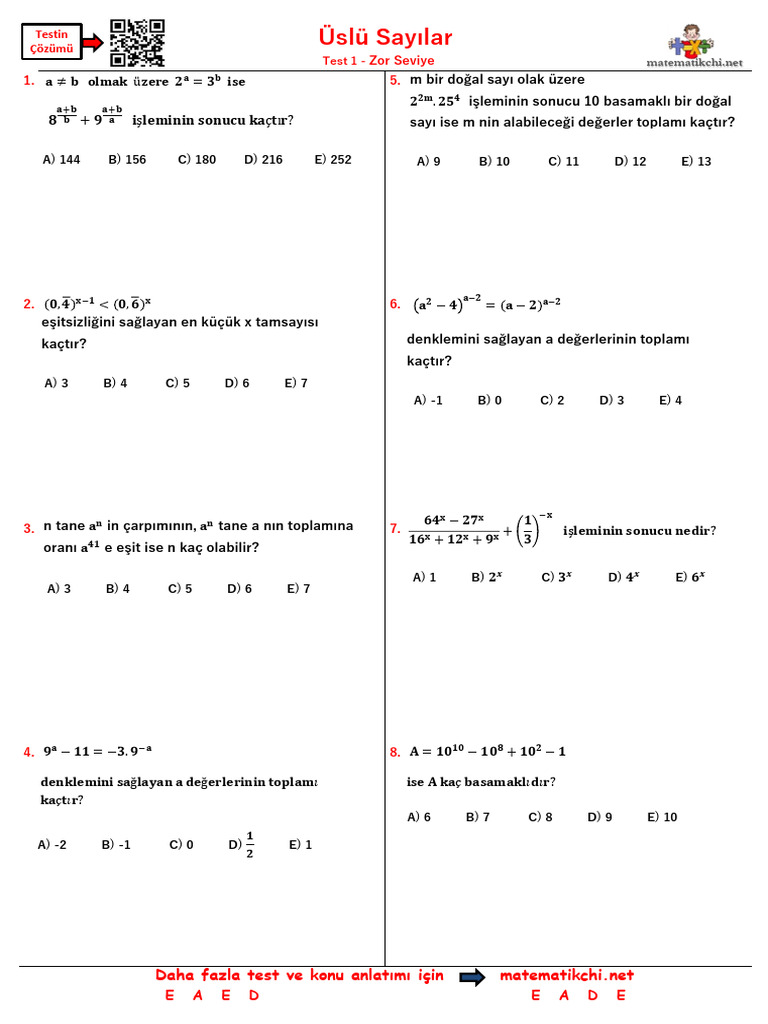 Üslü Sayılar Test 1 Z | PDF