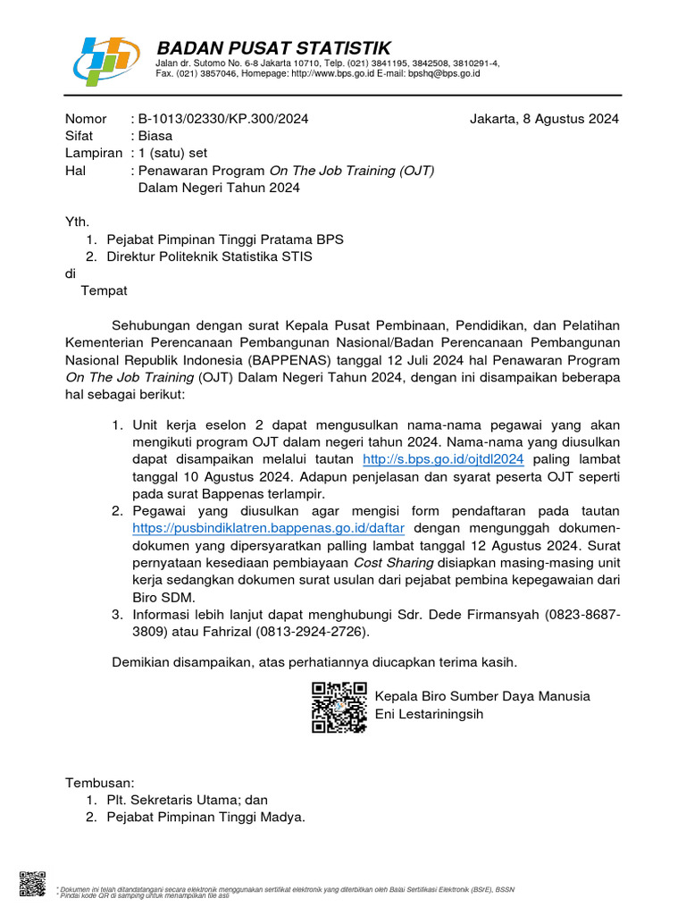 B-1013 - Surat Penawaran Program OJT DN Tahun 2024 | PDF | Karier & Perkembangan | Komputer