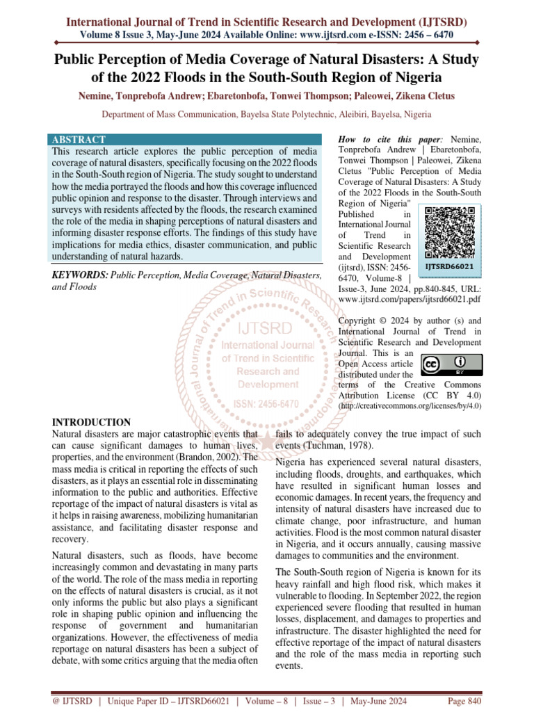 Public Perception of Media Coverage of Natural Disasters A Study of the ...