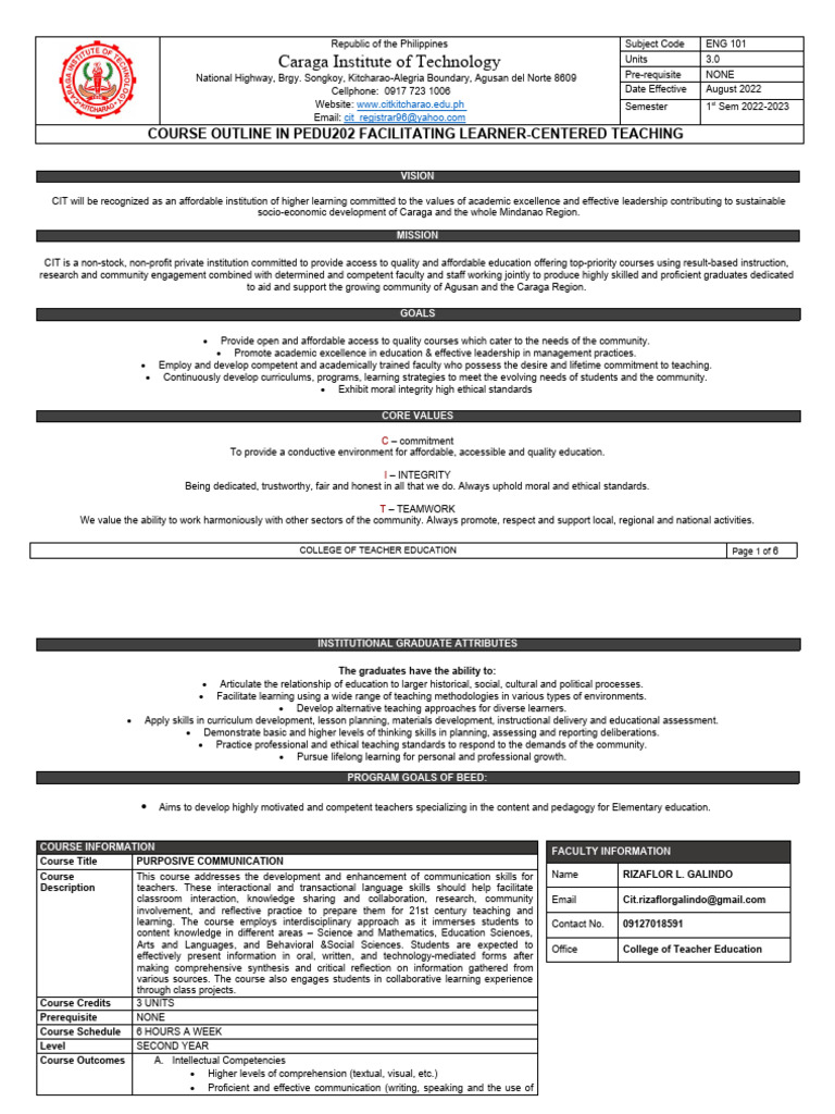 Course Outline for Purposive Communication | PDF | Learning | Teachers