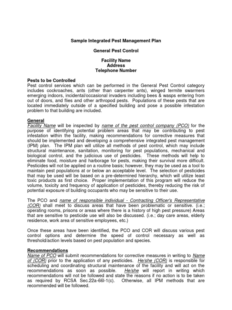 Sample Integrated Pest Management Plan General Pest Control Facility ...