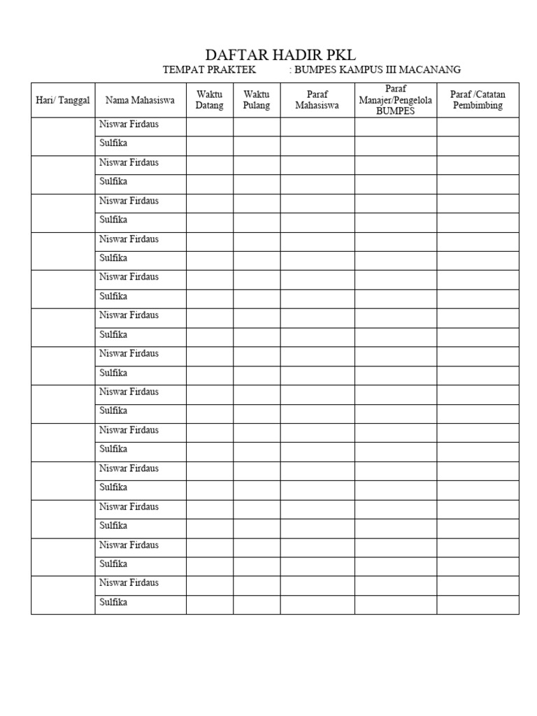 Daftar Hadir PKL | PDF