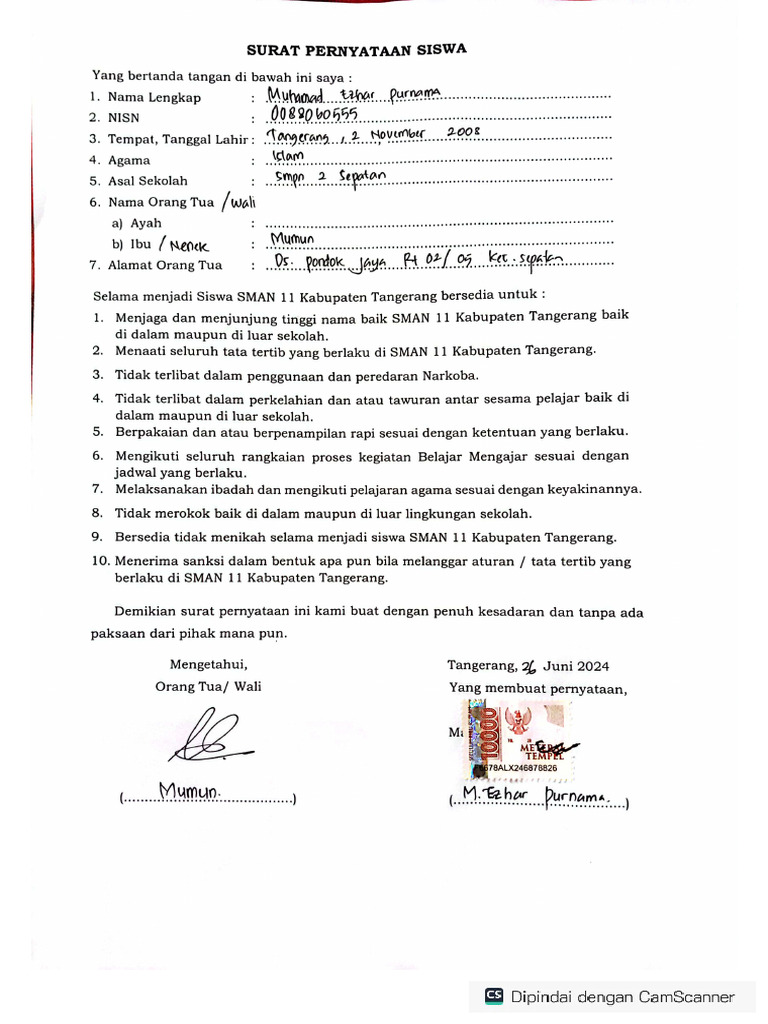 Surat Pernyataan Siswa Eja | PDF