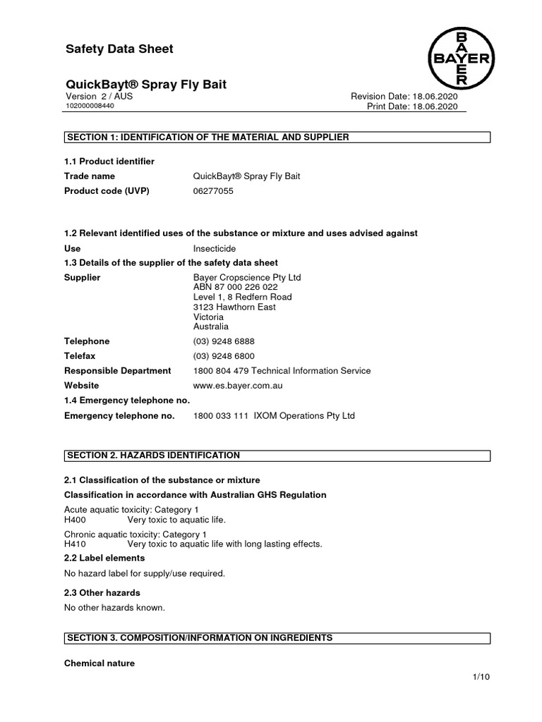 AU-Rentokil-QuickBayt Spray Fly Bait SDS-EN-SDS 03 221011 081436 | PDF ...